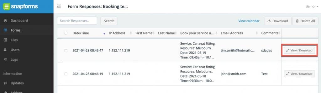 Booking system - Snapforms Resources & FAQs