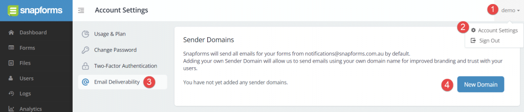 Custom sender domain for auto-reply emails - Snapforms Resources & FAQs