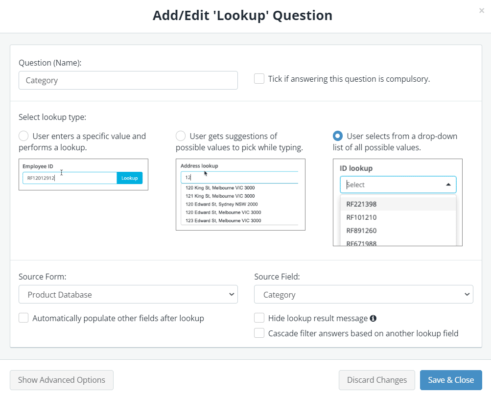 Dropdown List Lookup Example: Product Finder - Snapforms Resources & FAQs