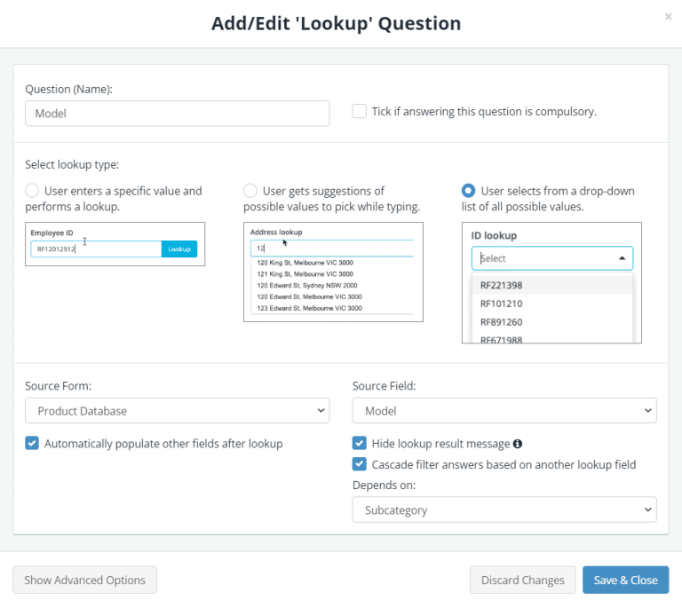 Dropdown List Lookup Example: Product Finder - Snapforms Resources & FAQs