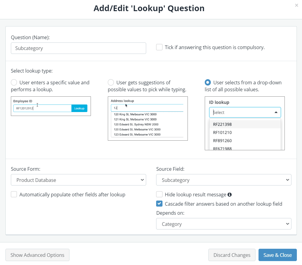 Dropdown List Lookup Example: Product Finder - Snapforms Resources & FAQs